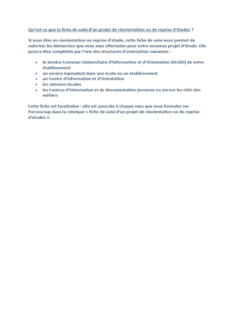 Fiche de suivi pour réorientation Parcoursup | PDF