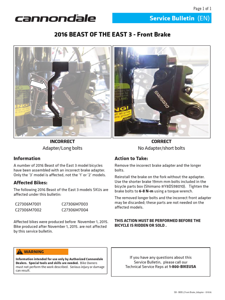 Cannondale SB Beast of The East Brake Front BRK Adapter 000000 00 ...