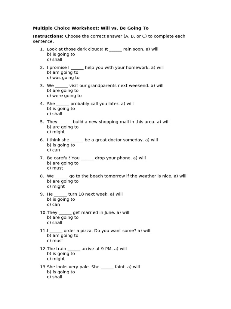 Will vs. Be Going To Worksheet | PDF