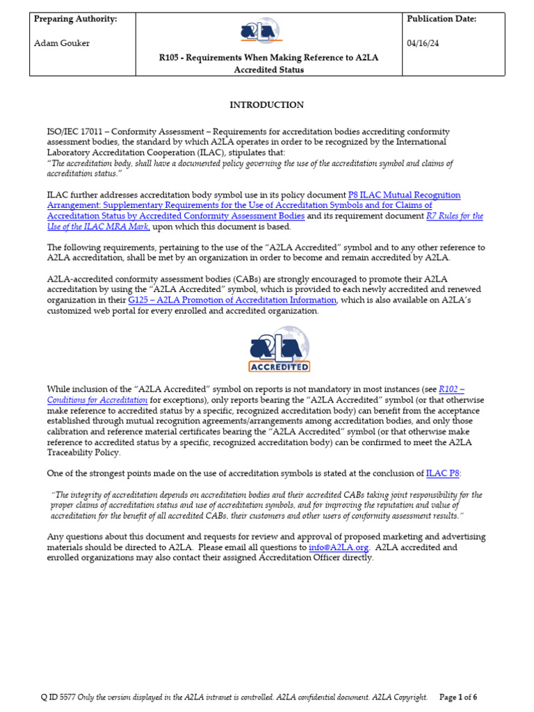 R105 - Requirements When Making Reference To A2LA Accredited Status ...