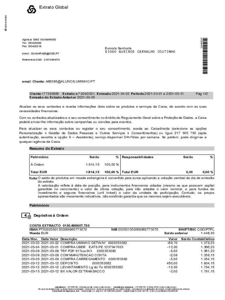 Extrato Global da Conta 0130.699607.730 | PDF | Bancos | Dinheiro