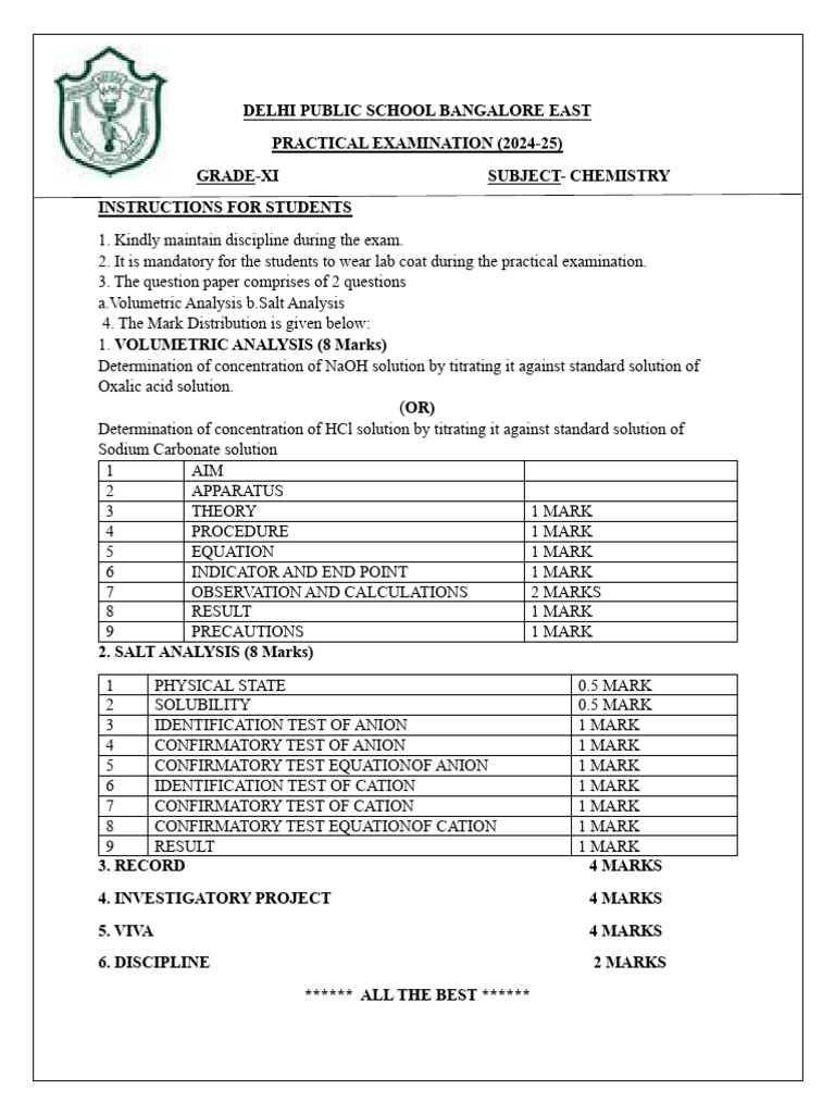Instructions For Annual Practical Exam 2024-25 | PDF | Titration | Chemistry