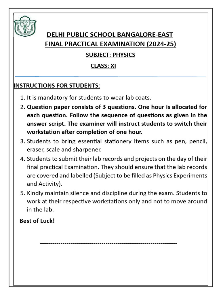 DPS Bangalore XI Physics Practical Exam | PDF