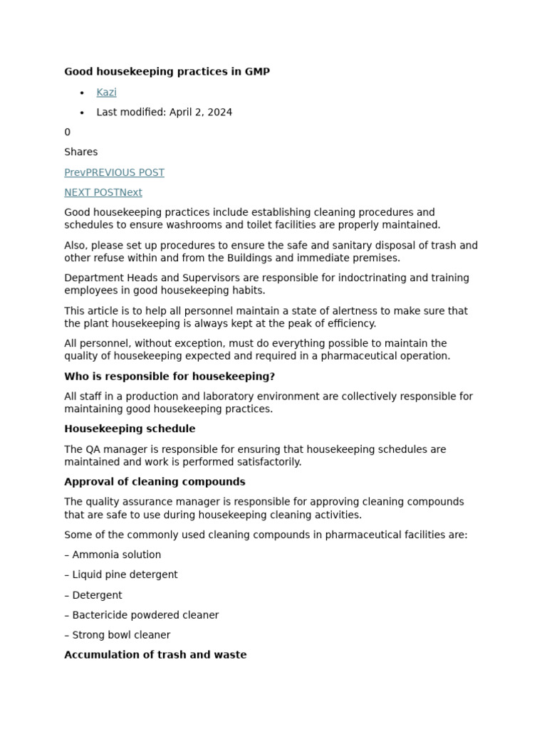 Good Housekeeping in Pharmaceutical GMP | PDF | Housekeeping | Laboratories