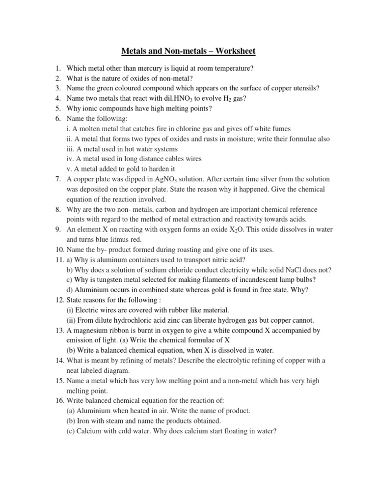 Worksheet- Metals and Non-metals | PDF | Metals | Copper