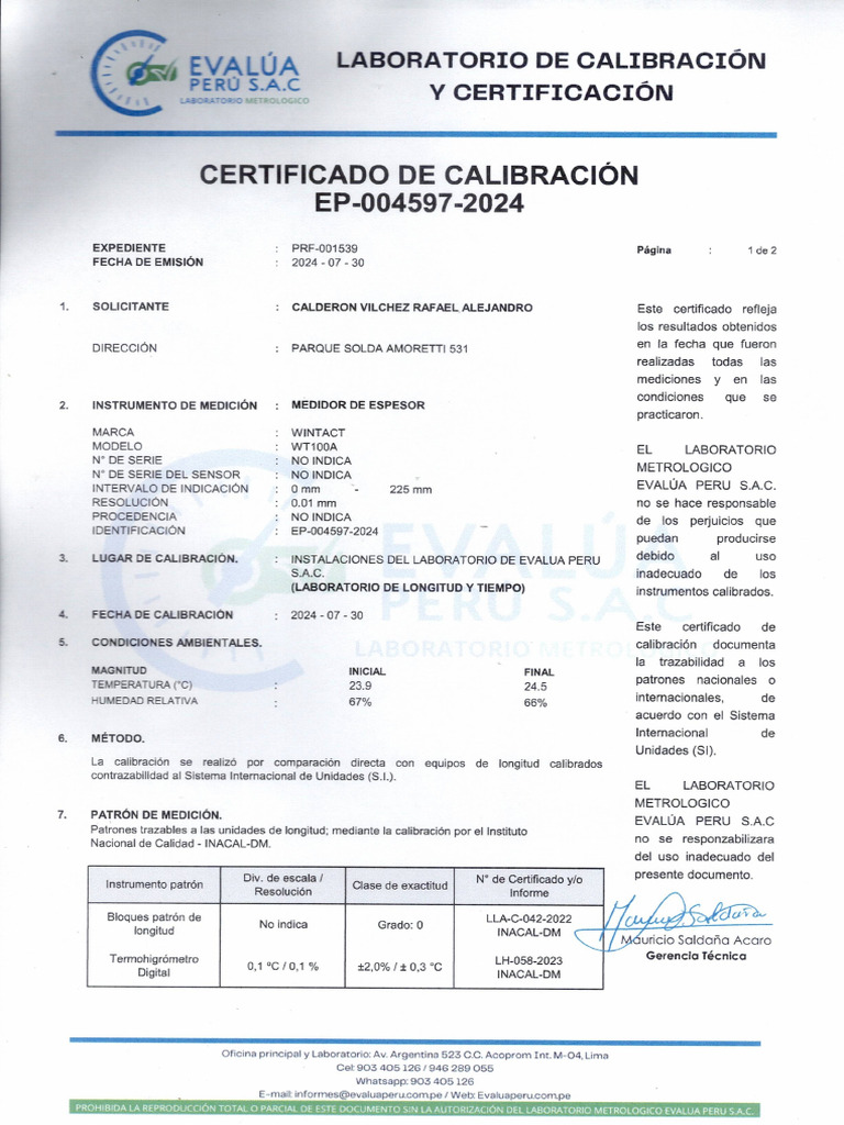 Certificado de Calibracion Medidor de Espesores | PDF