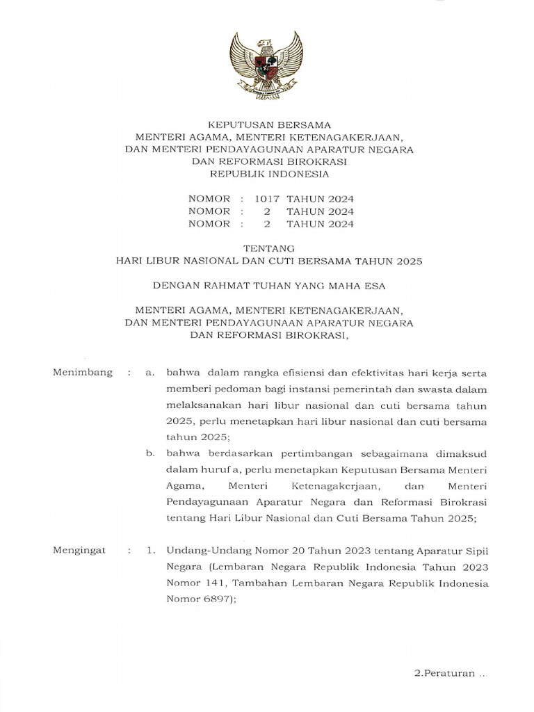 SKB 3 Menteri Libur Nasional Dan Cuti Bersama Tahun 2025 - Repaired | PDF
