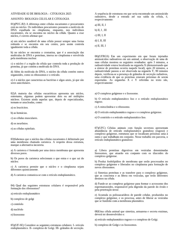 Lista de Exercicios 02 Biologia Celular Docx | PDF | Citoplasma | Célula (Biologia)