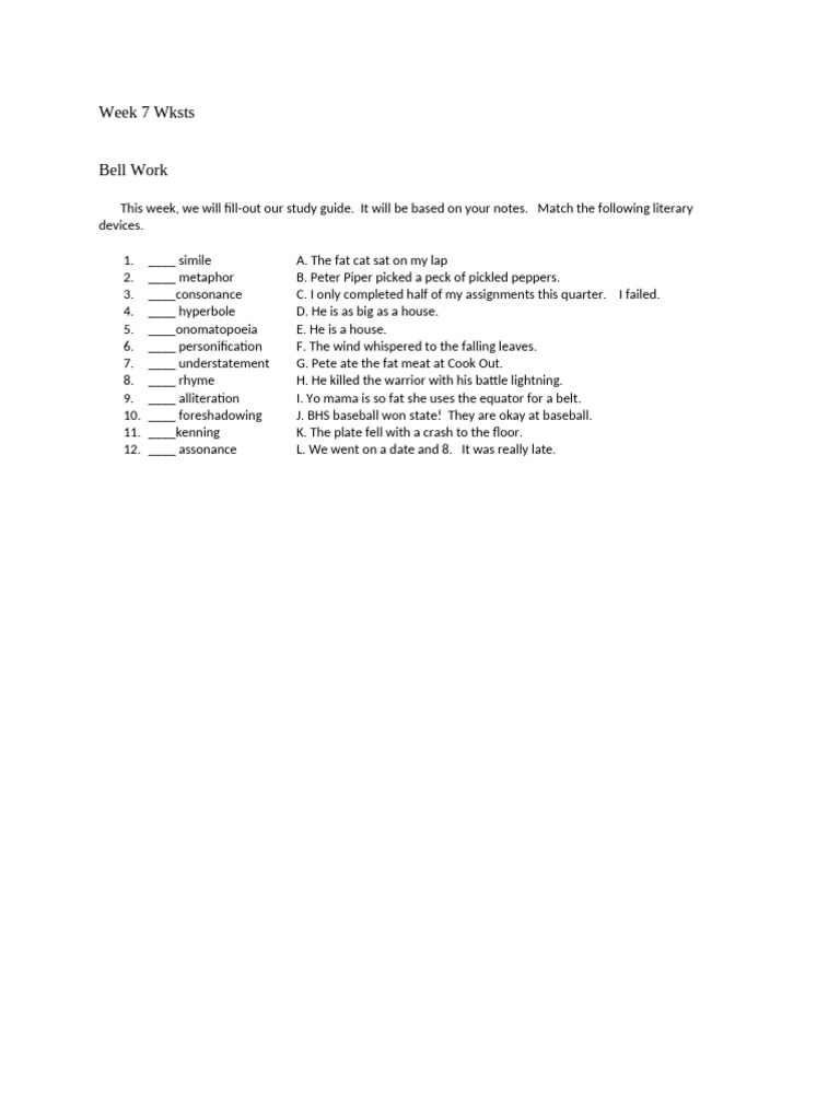 Literary Devices Study Guide Week 7 | PDF