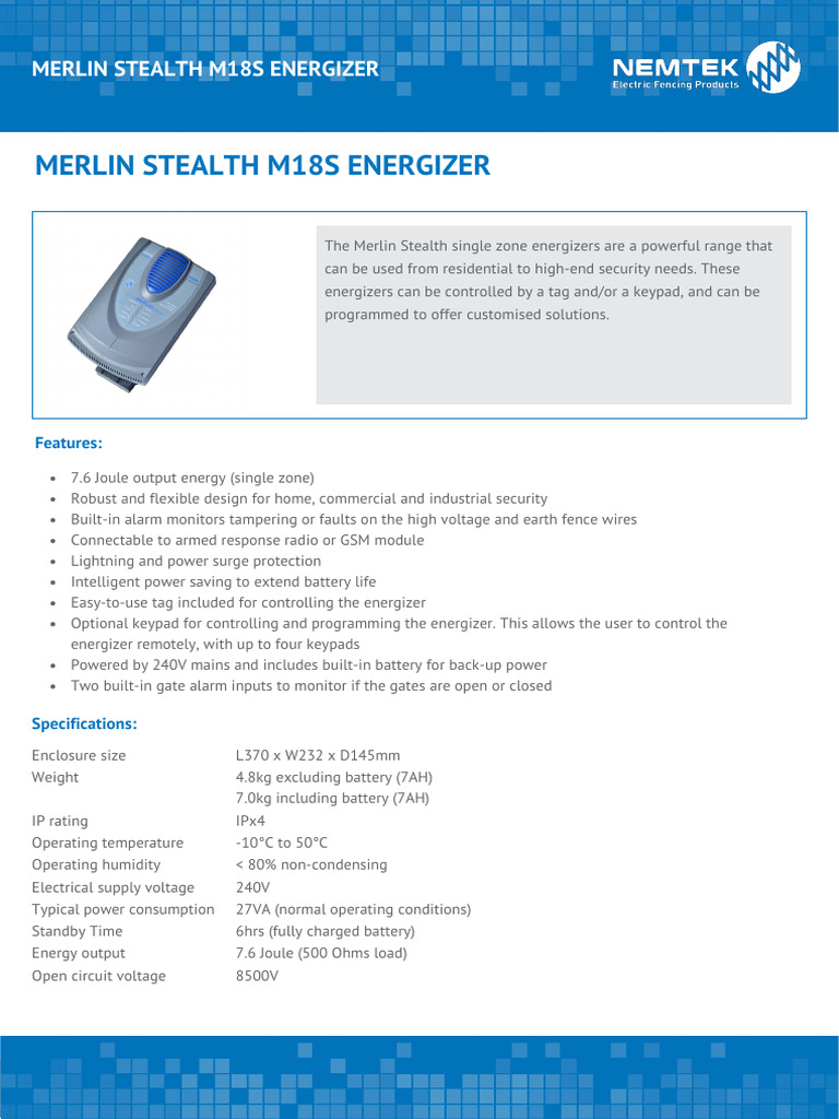 Merlin Stealth M18S Energizer Overview | PDF