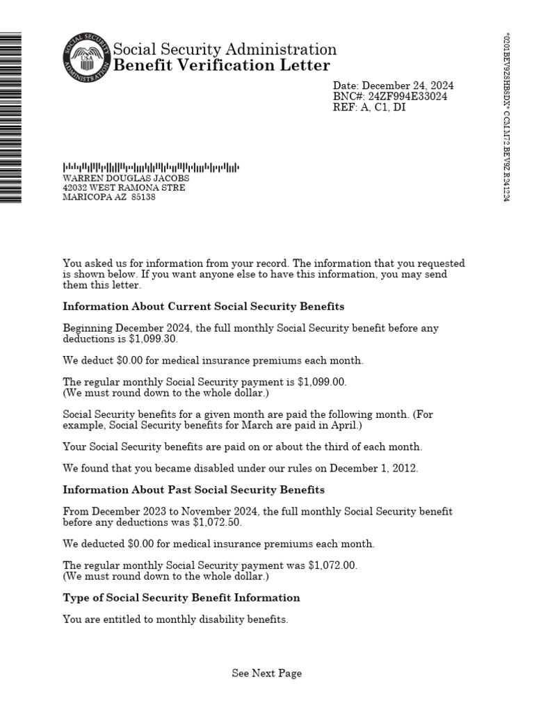 Benefit Verification Letter | PDF | Social Security (United States ...