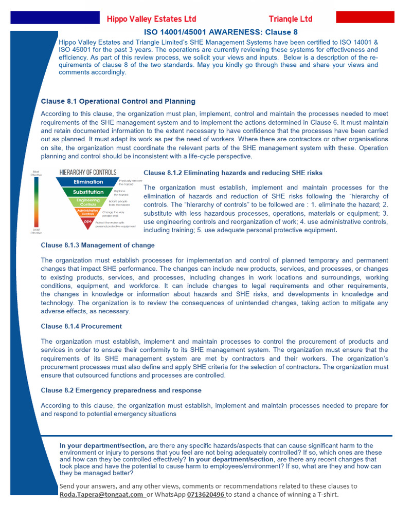 She Management System Awareness - Clause 8 | PDF | Emergency | Risk