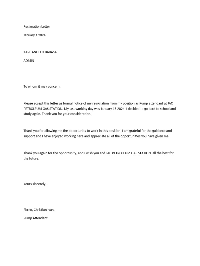 Resignation Letter from Pump Attendant | PDF