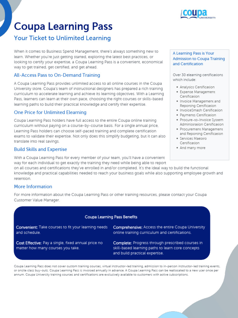 Coupa University Learning Pass Datasheet | PDF | Educational Technology | Certification
