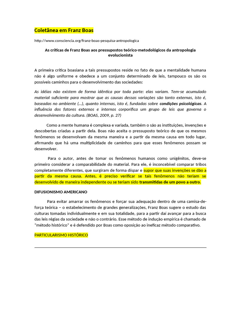 Críticas de Boas ao Evolucionismo Antropológico | PDF | Franz Boas ...