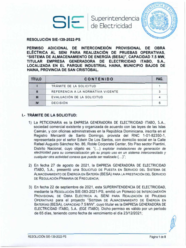 Permiso Interconexión Provisional EGE Itabo | PDF | Regulación ...