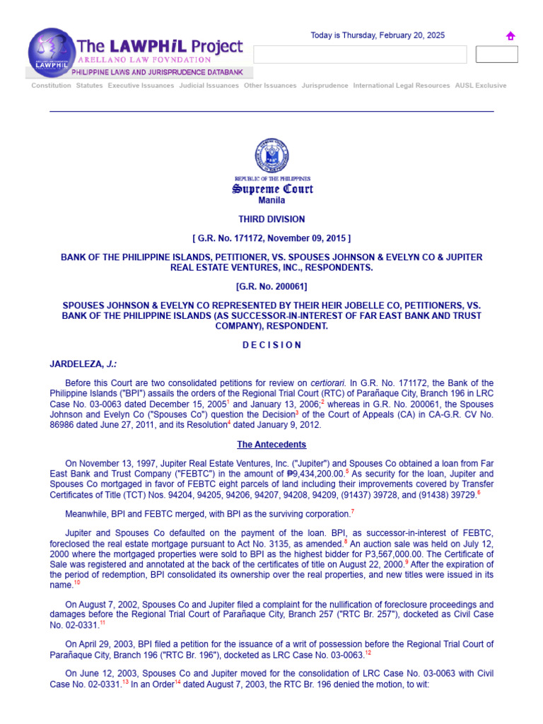 BPI Vs Co GR 171172 Nov9, 2015 | PDF | Foreclosure | Mortgage Law