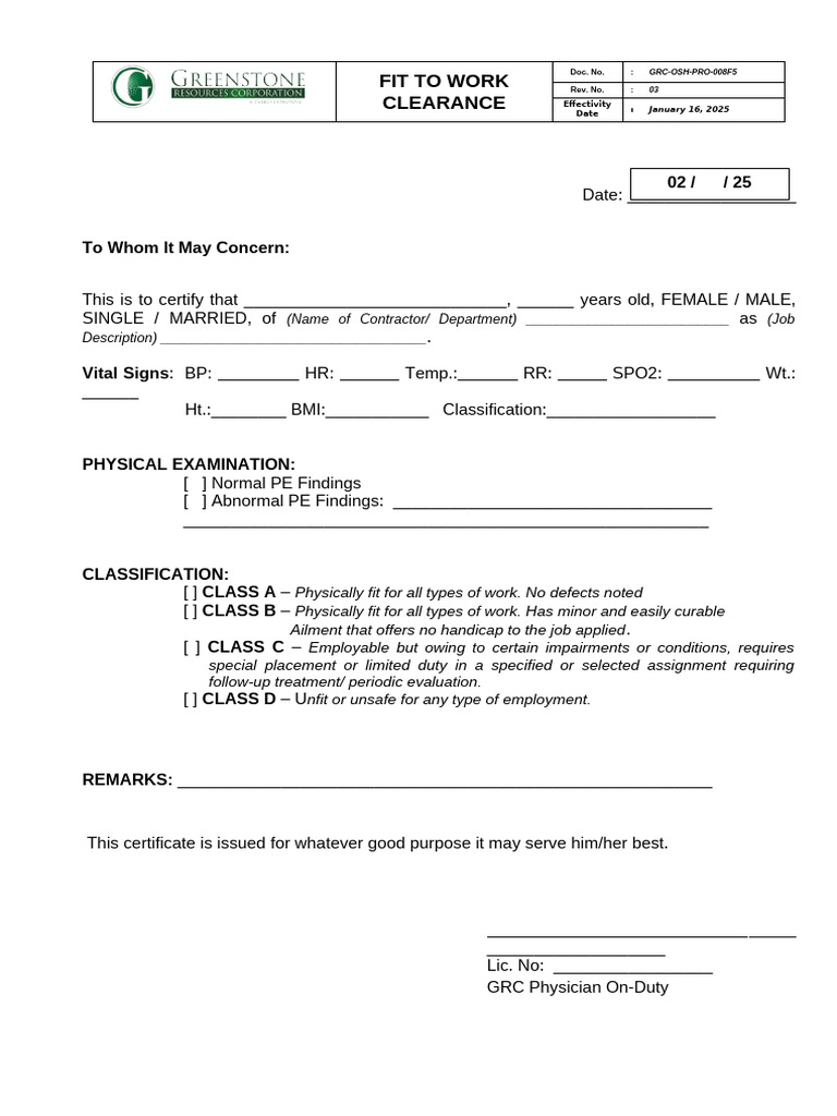 GRC-OSH-PRO-008F5 Fit To Work Clearance Rev. 3 | PDF | Medical Specialties | Medicine
