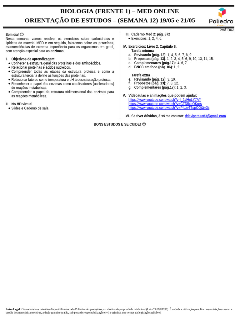 Orientacao Med Semana12 Aulas19a21 Biomol2 Prot | PDF | Proteínas | Enzima