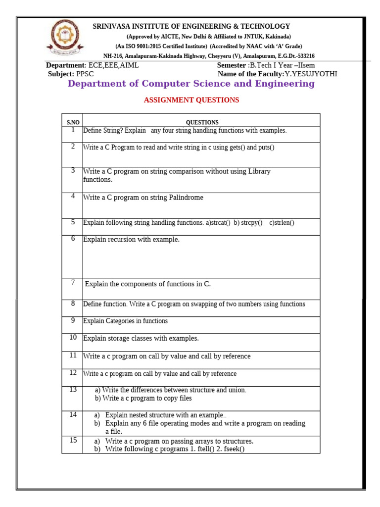C Programming Assignment Questions | PDF