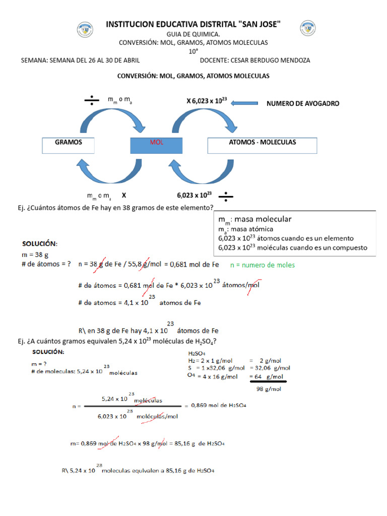 Conversión de Moles, Gramos, Atomos y Moleculas | PDF