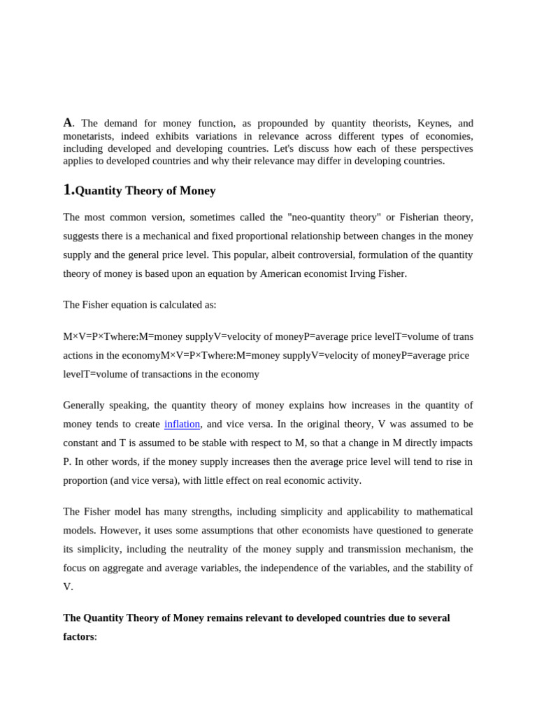 Quantity Theory of Money Monetary Economics | PDF | Demand For Money ...