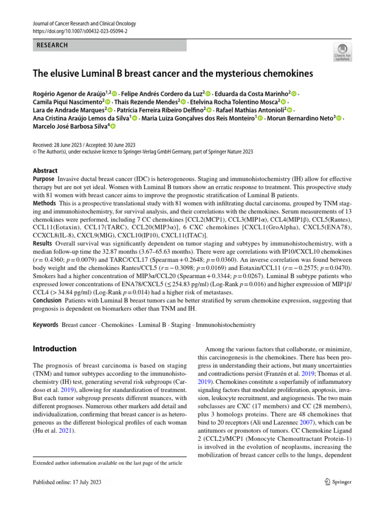 Luminal B Breast Cancer and Chemokines | PDF | Metastasis | Breast Cancer