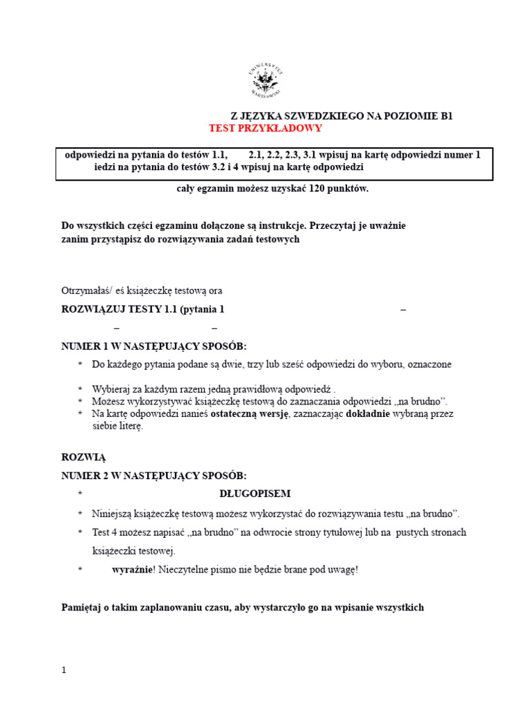 Szwedzki B1 Przykladowy | PDF