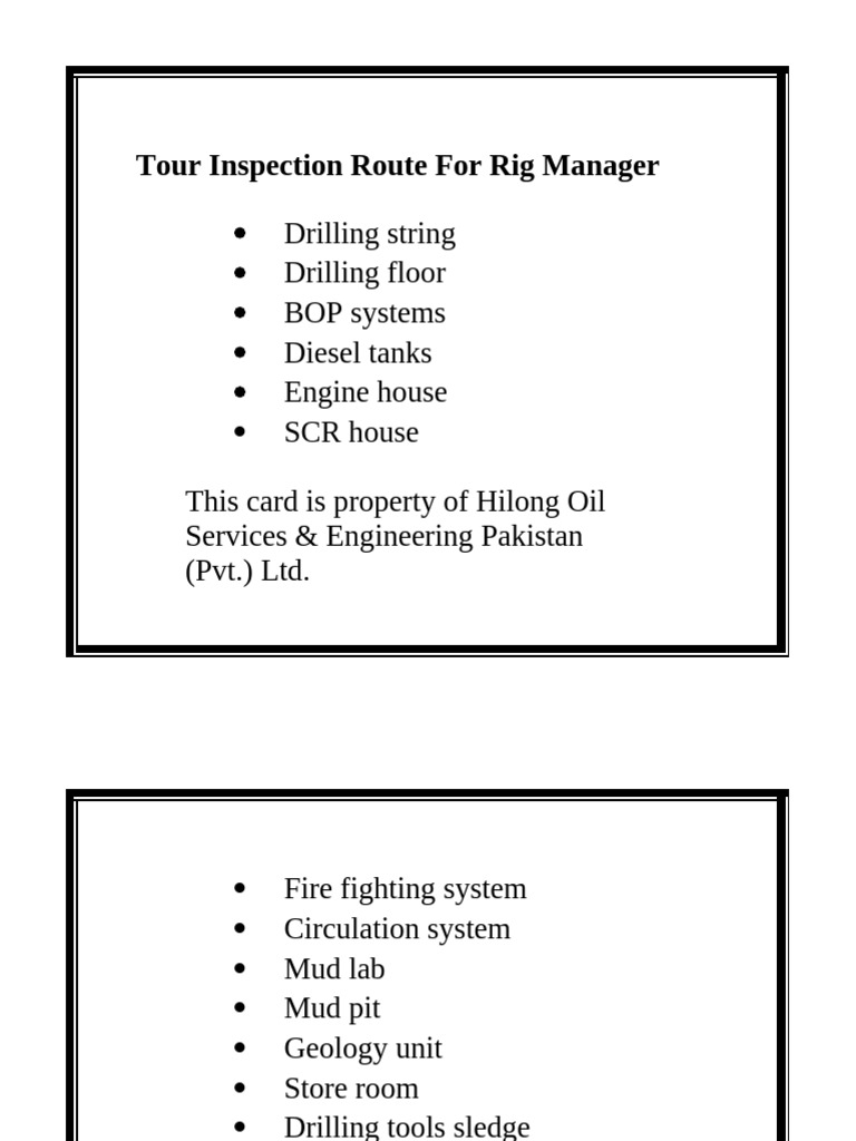 Tour Inspection Route For Rig Manager | PDF
