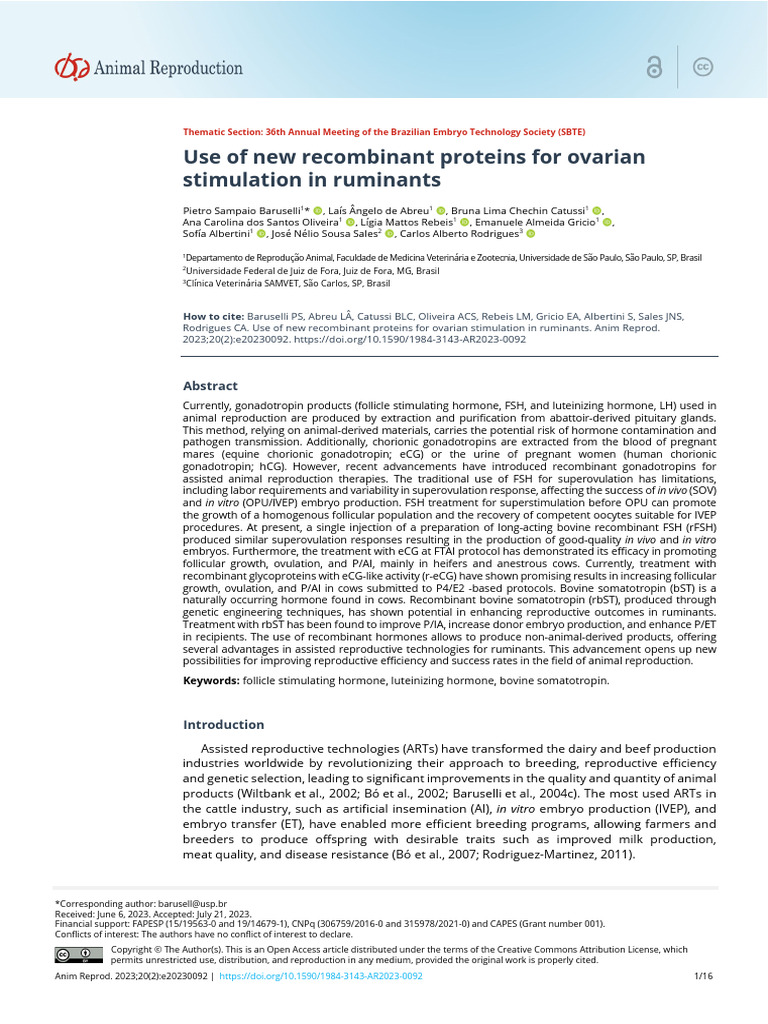 Baruselli Et Al., 2023. Use of New Recombinant Proteins For Ovarian ...