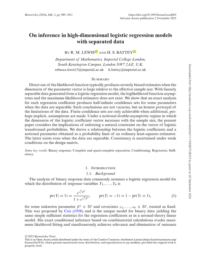 On Inference in High-Dimensional Logistic Regression Models | PDF | Ordinary Least Squares ...