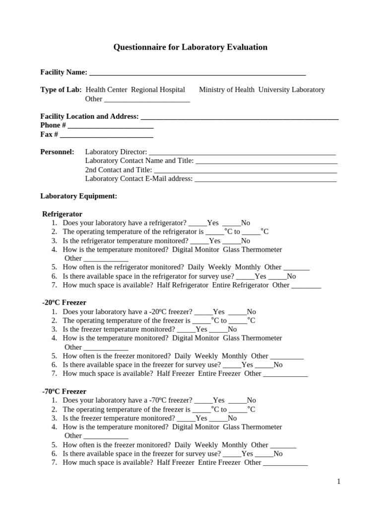 Questionnaire For Laboratory Evaluation | PDF | Refrigerator | Laboratories