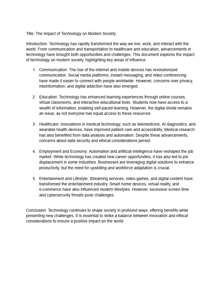 The Impact of Technology On Modern Society | PDF