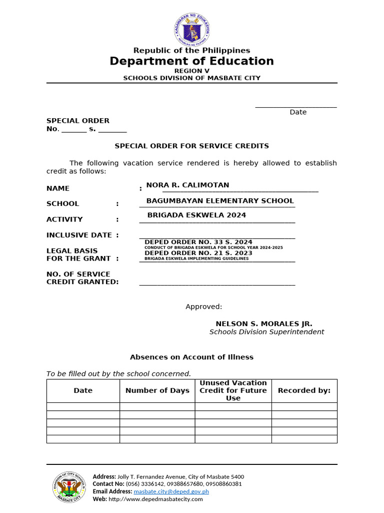 Service Credits Special Order - DepEd Masbate | PDF