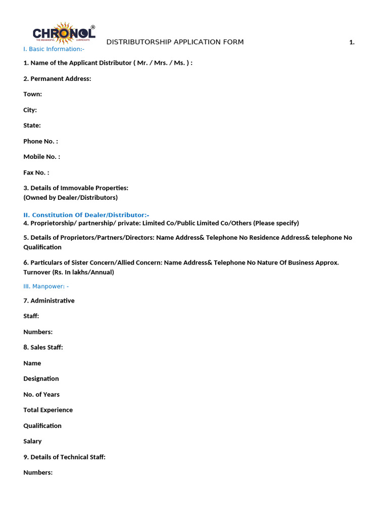 DISTRIBUTORSHIP APPLICATION FORM Chronol | PDF | Private Law | Business Law