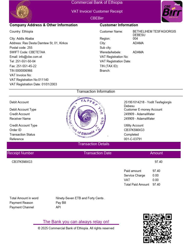 CBEBirr_Receipt_CB37KSMXG3 | PDF | Receipt | Value Added Tax