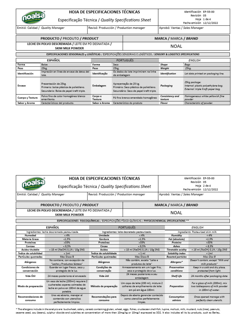 Especificaciones Leche en Polvo NOAL | PDF | Fluidos corporales | Mamíferos