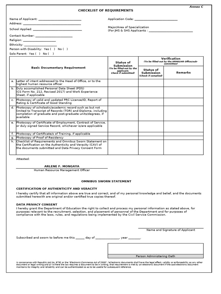 Applicant Requirements Checklist | PDF