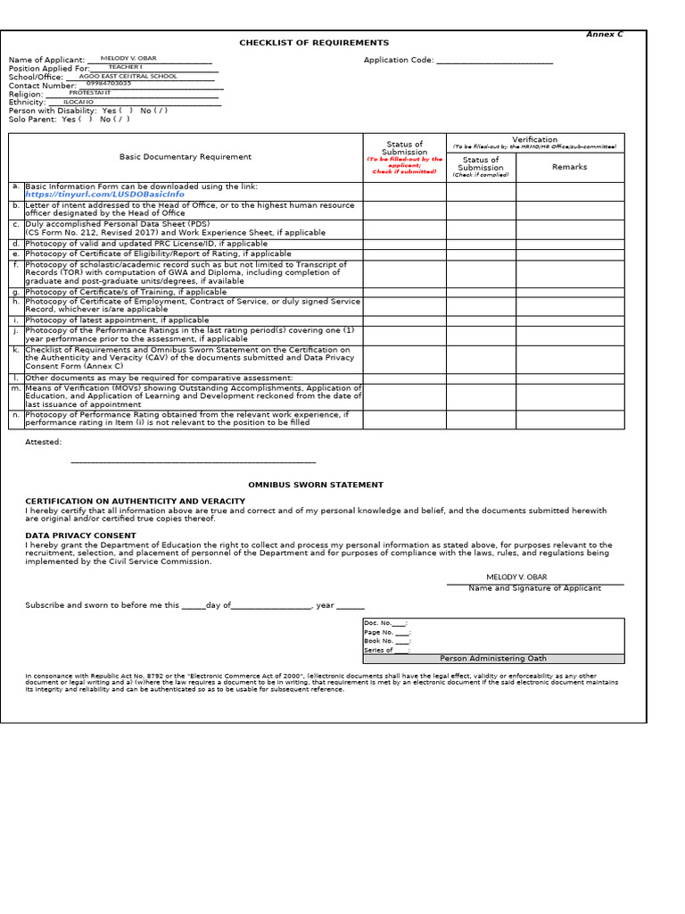 Annex C Checklist of Requirements | PDF