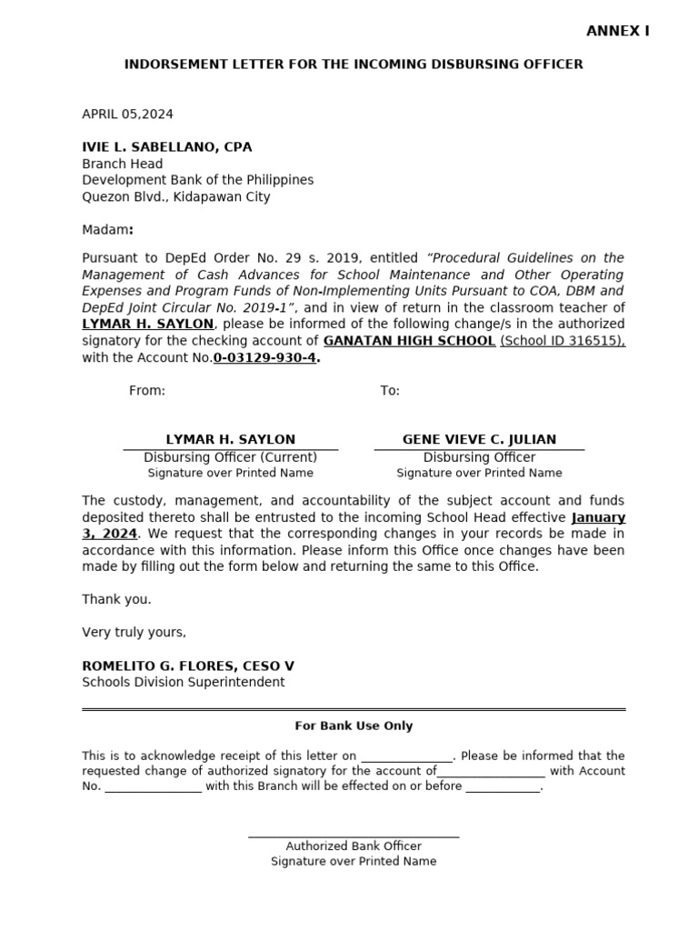Annex I Indorsement Letter For The Incoming Disbursing Officer | PDF