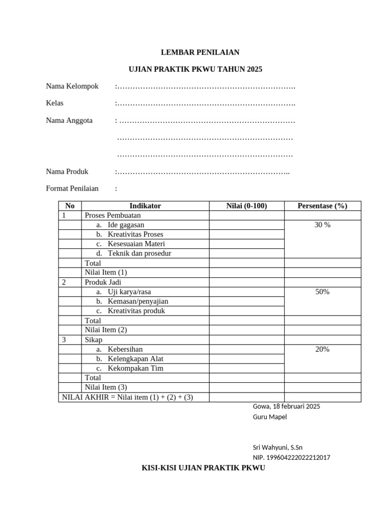 Lembar Penilaian Pkwu Praktik 2024-2025 | PDF