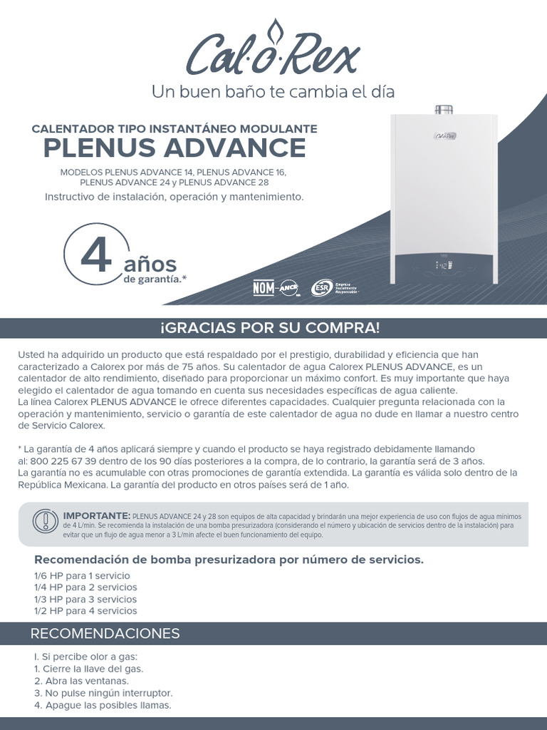 Manual Plenus Advance Calorex | PDF | Agua | Ventilación (Arquitectura)