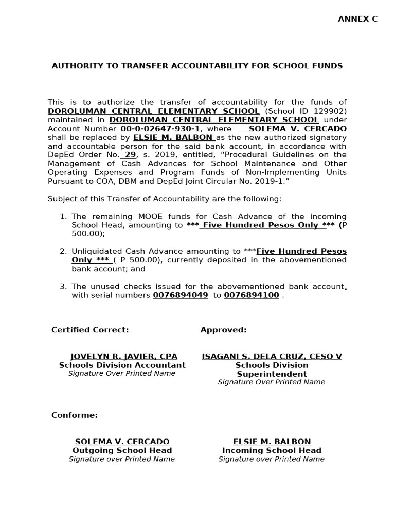 Annex C Transfer of Accountability For School Funds | PDF