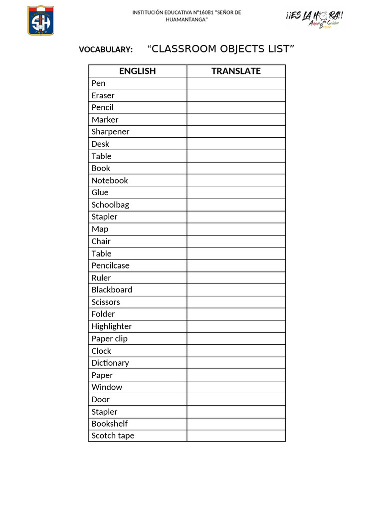 Classroom Objects List | PDF