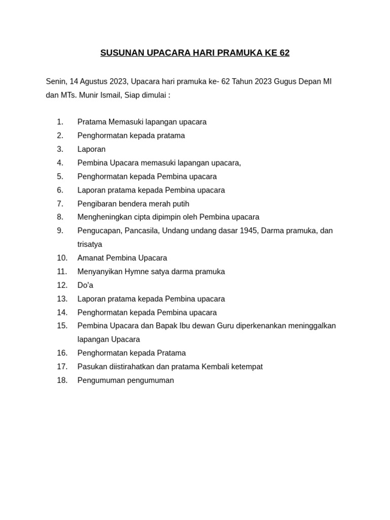 Susunan Upacara Pramuka ke-62 | PDF