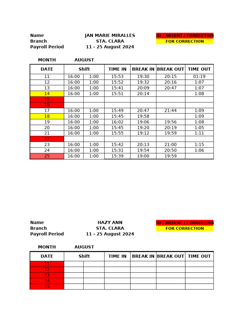 August 2024 Attendance Corrections | PDF