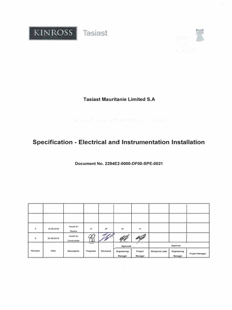 Specification - Electrical and Instrumentation Installation | PDF ...