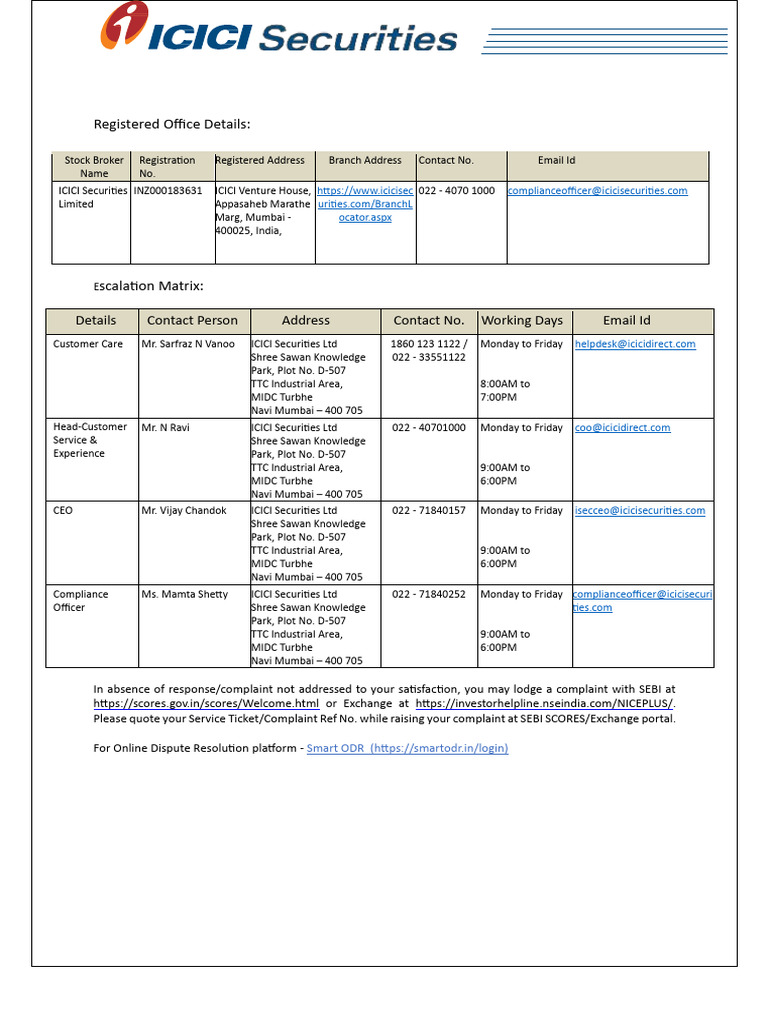 ICICI Securities Escalation Matrix | PDF | Corporate Governance | Stock ...