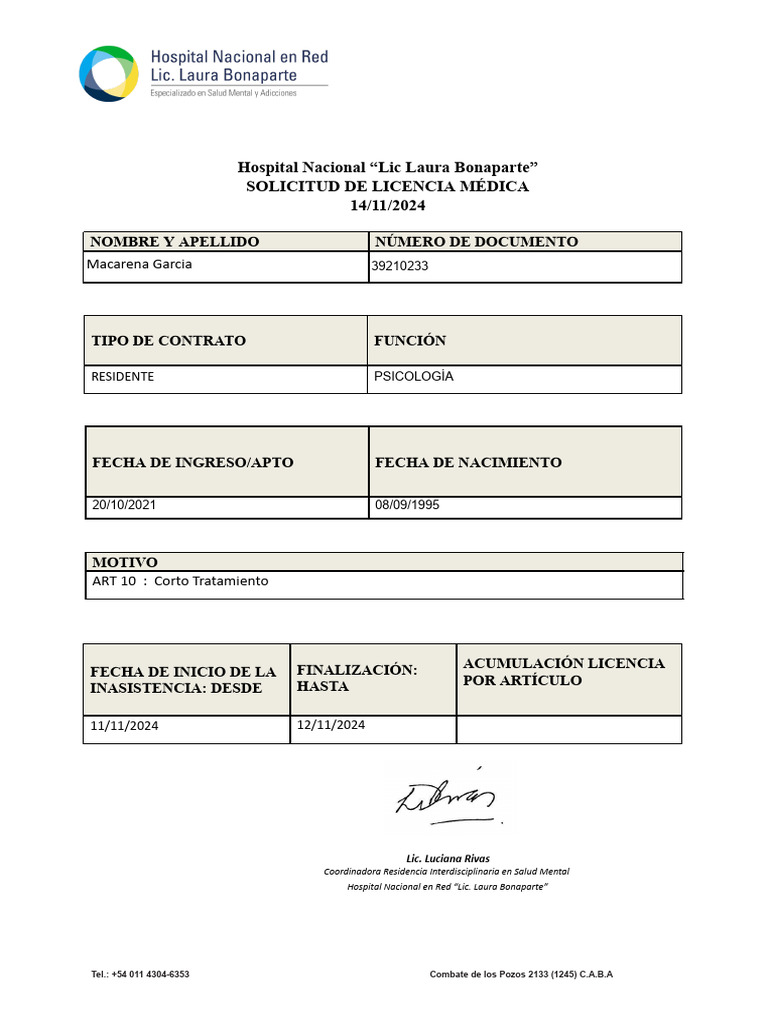 Formulario de Solicitud de Licencia Medica .Docx - 2024-11-14T085600.831 | PDF