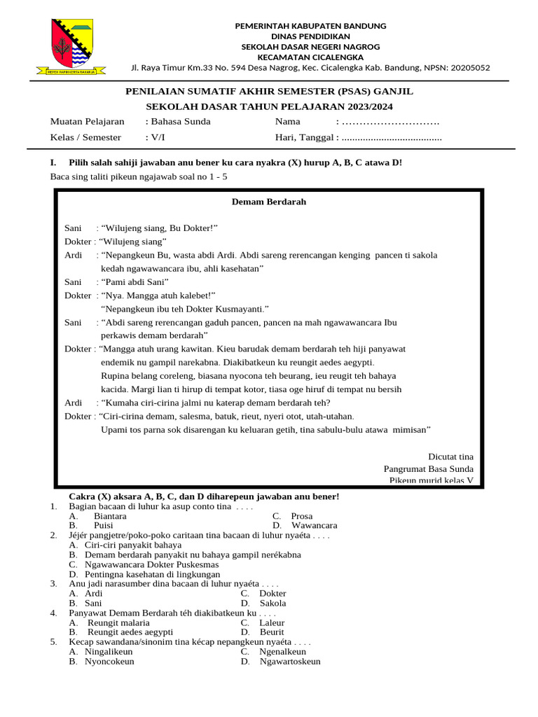 SOAL PAS B SUNDA SMT 1 KLS 5 FIX | PDF